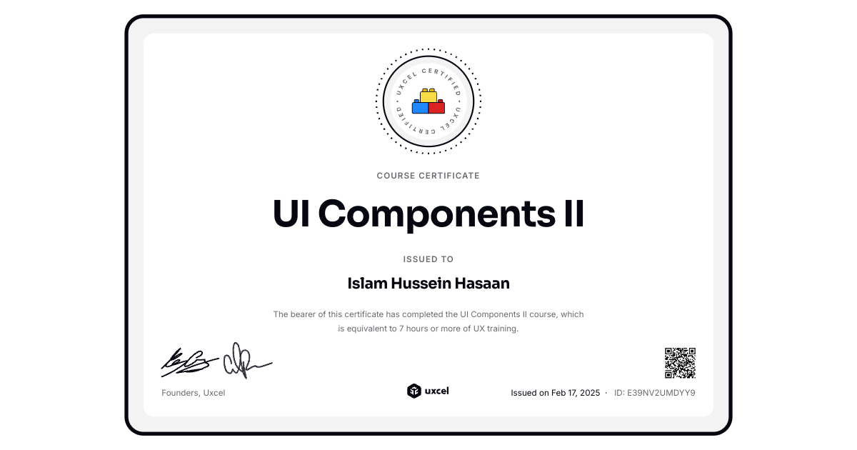 Certificate of completion for UI Components II | Uxcel